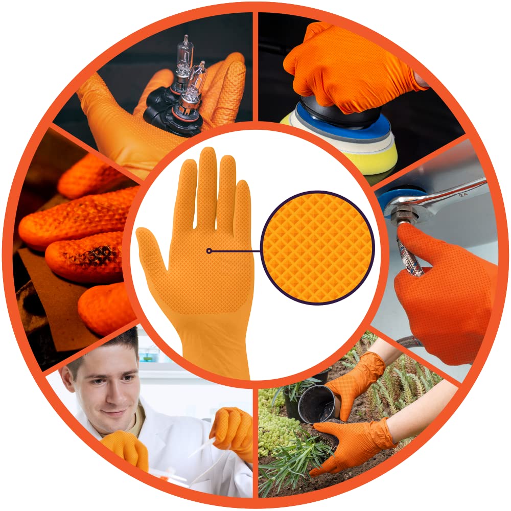 Inspire Heavy Duty Orange Nitrile Disposable Gloves | ULTRA 8 Mil Gloves Diamond Textured For Secure Grip | Food Safe, Industrial Gloves Disposable Latex Free Mechanic Gloves | Nitrile Gloves