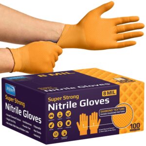 Inspire Heavy Duty Orange Nitrile Disposable Gloves | ULTRA 8 Mil Gloves Diamond Textured For Secure Grip | Food Safe, Industrial Gloves Disposable Latex Free Mechanic Gloves | Nitrile Gloves