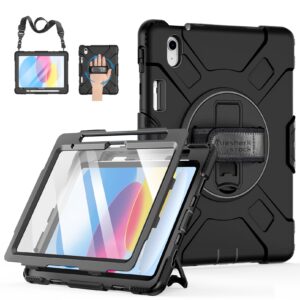 case for ipad 10th generation 2022: military grade silicone protective cover for ipad 10th gen 10.9 inch w/screen protector- 360° rotatable stand- shoulder strap- handle pencil holder black