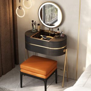 lartis makeup vanity table with light, black dressing table with makeup stool and adjustable led mirror,storage dressing small vanity desk with drawers, smoky black vanity table set