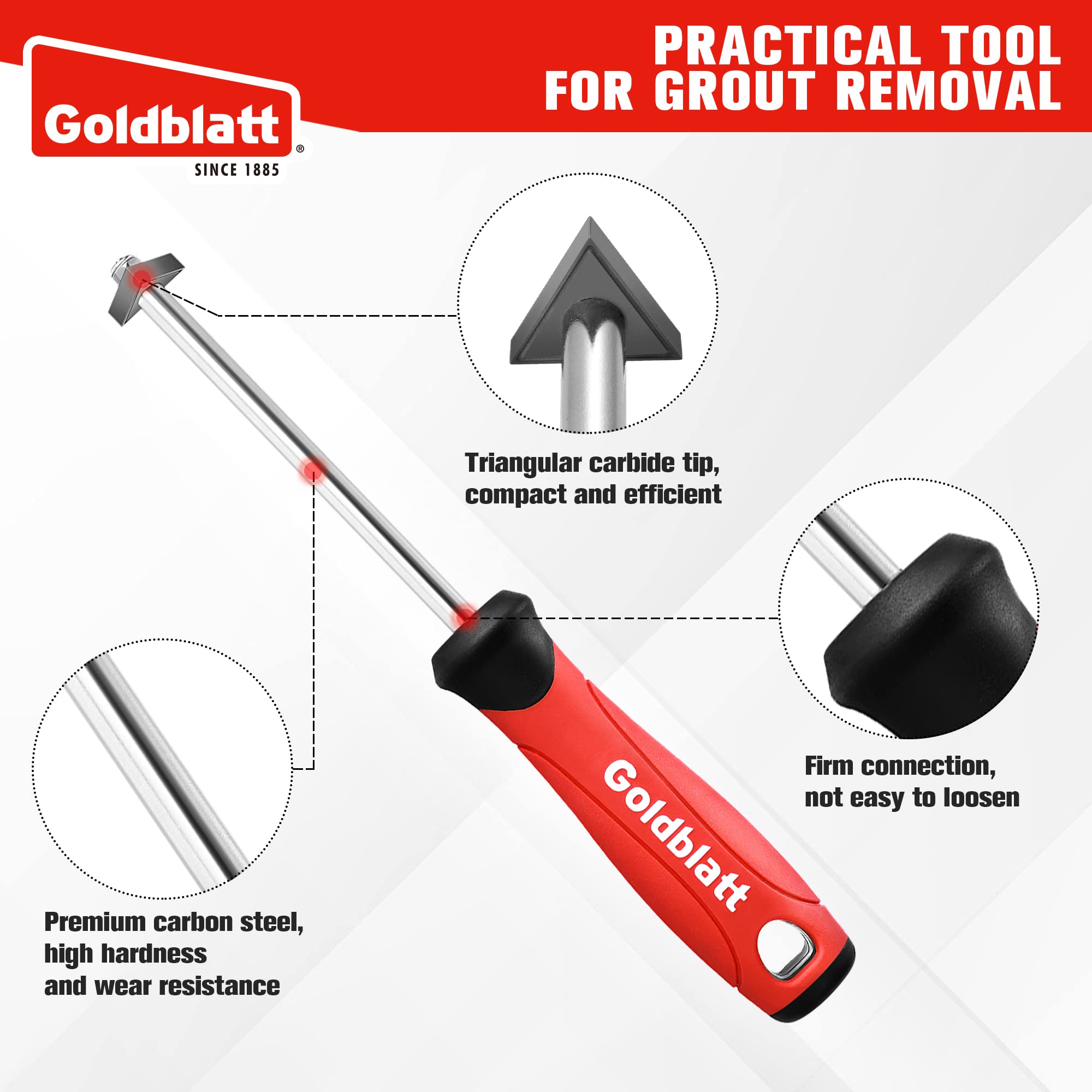 Goldblatt Grout Removal Tool with Replacement Carbide Tip - Professional Grout Cleaner, Caulking Remover, Scraper with Soft-Grip Handle, for Cleaning Floor Ceramic Tile Gaps, Tile Joints or Corners