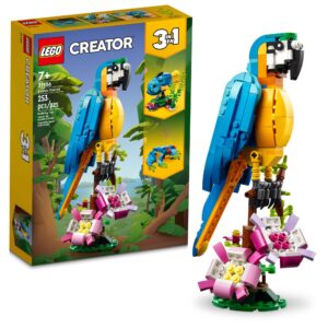 lego creator 3 in 1 exotic parrot building toy set, transforms to 3 different animal figures - from colorful parrot, to swimming fish, to cute frog, creative toys for kids ages 7 and up, 31136