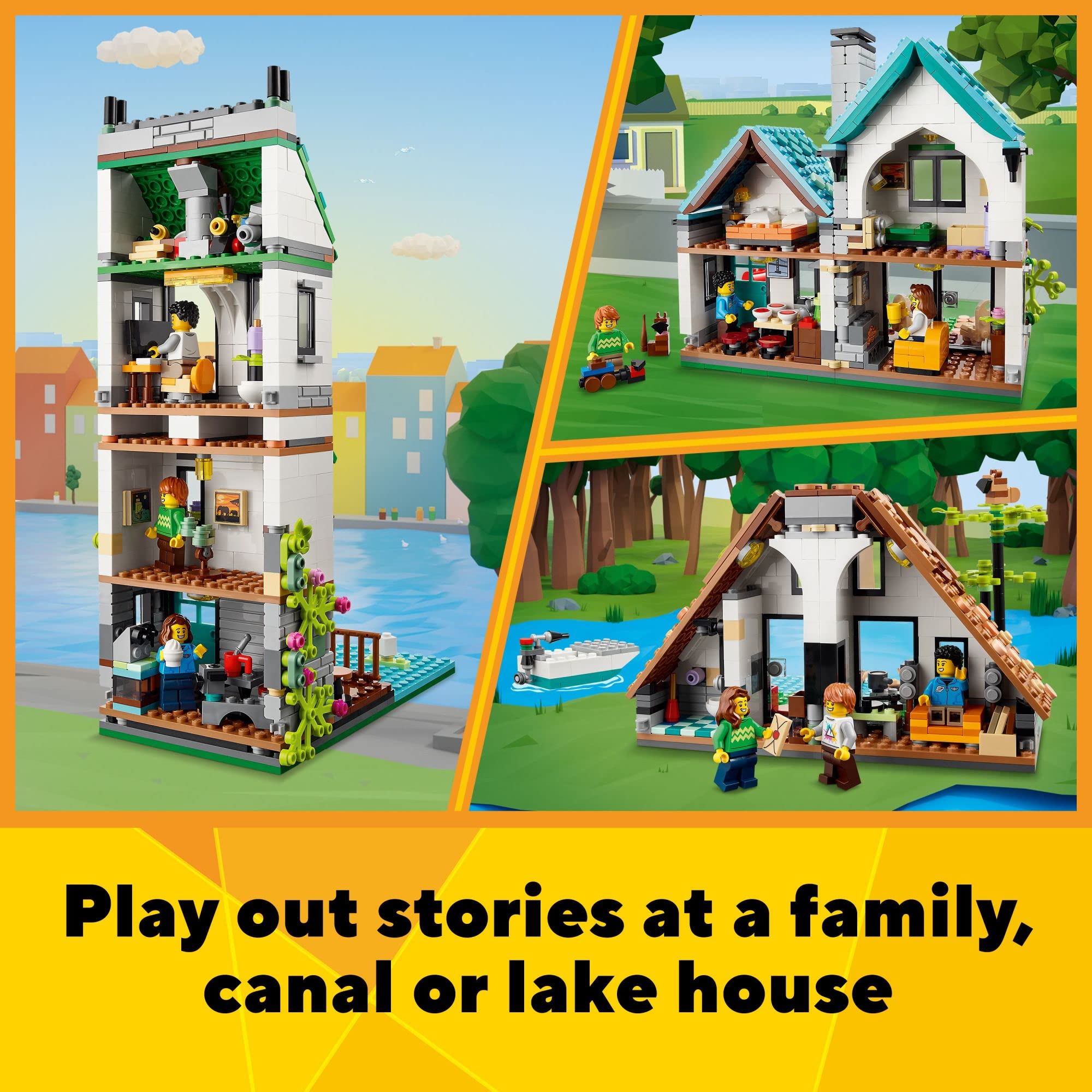 LEGO Creator 3 in 1 Cozy House Building Kit, Rebuild into 3 Different Houses with Family Minifigures & Accessories, DIY Building Toy Idea for Outdoor Play, Summer Toy for Boys & Girls Ages 8-11, 31139