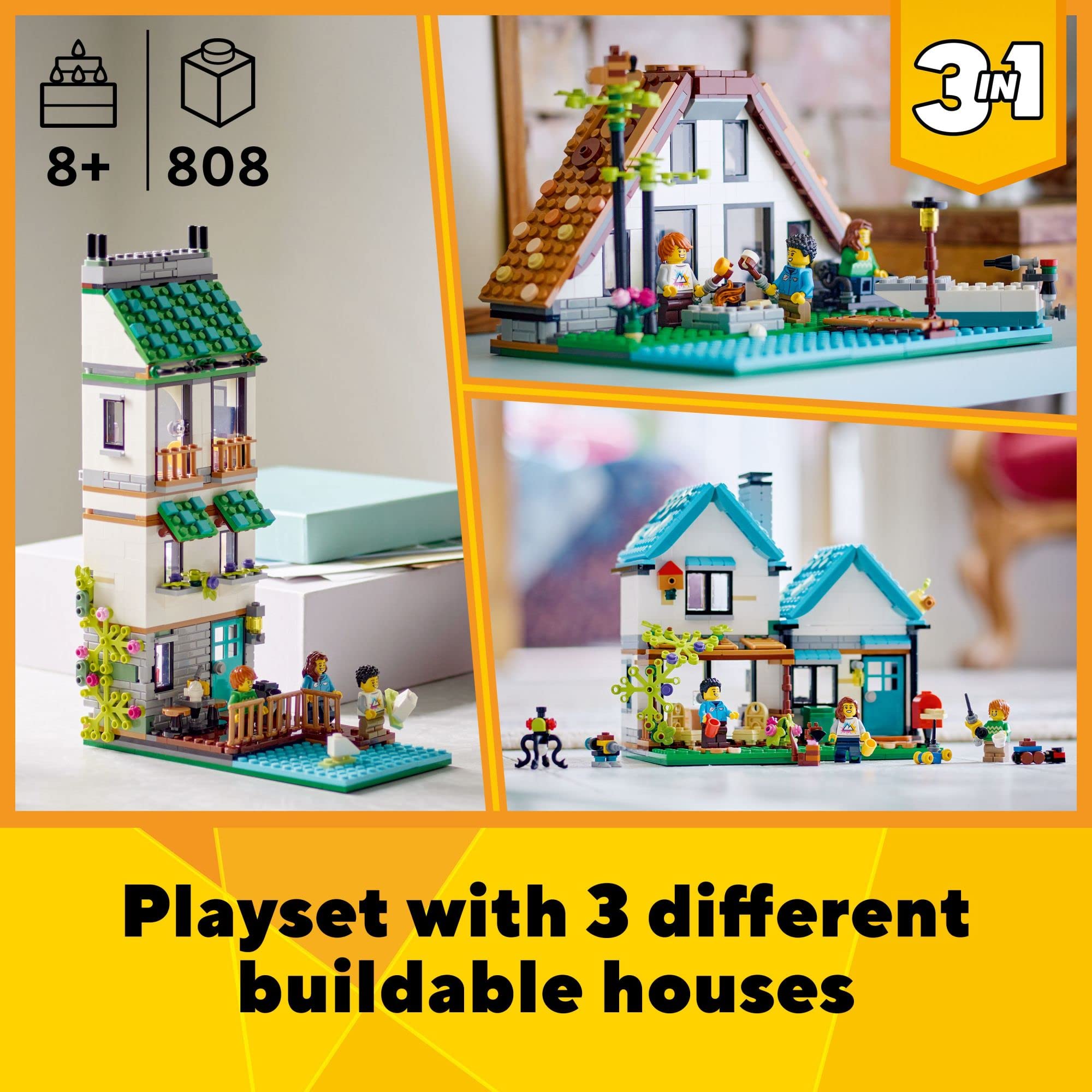 LEGO Creator 3 in 1 Cozy House Building Kit, Rebuild into 3 Different Houses with Family Minifigures & Accessories, DIY Building Toy Idea for Outdoor Play, Summer Toy for Boys & Girls Ages 8-11, 31139