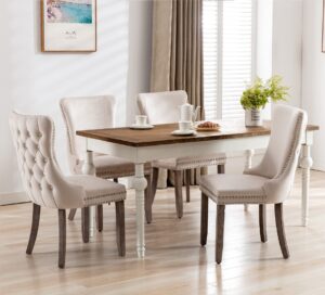 rhomtree set of 4 high-end tufted dining chairs modern velvet padded chairs with solid wooden legs nailed trim for kitchen dining room living room (beige, set of 4)