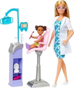 barbie careers playset, teacher set with brunette fashion doll, 1 blonde toddler small doll, furniture & accessories