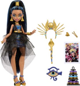 monster high monster ball doll, cleo de nile in party dress with themed accessories including scepter & cupcakes