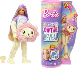 barbie cutie reveal doll with blonde hair & lion plush costume, 10 suprises include accessories & pet (styles may vary)