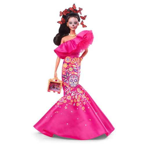 Barbie Signature Fashion Doll, 2023 Dia de Muertos Collectible Wearing Ruffled Pink Gown & Holding Tiny Ofrenda, includes Doll Stand