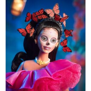 Barbie Signature Fashion Doll, 2023 Dia de Muertos Collectible Wearing Ruffled Pink Gown & Holding Tiny Ofrenda, includes Doll Stand