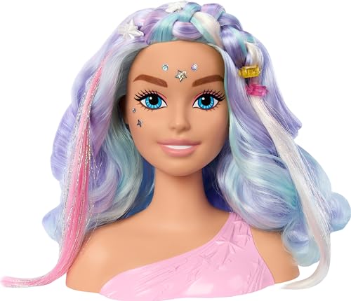 Barbie Doll Head for Hair Styling, Pastel Fantasy Hair with 20 Fairytale-Inspired Accessories Including Shimmer Stickers