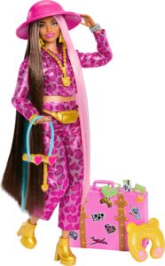 barbie extra fly travel doll, safari look with colorful hair, pink camo outfit, golden boots & accessories