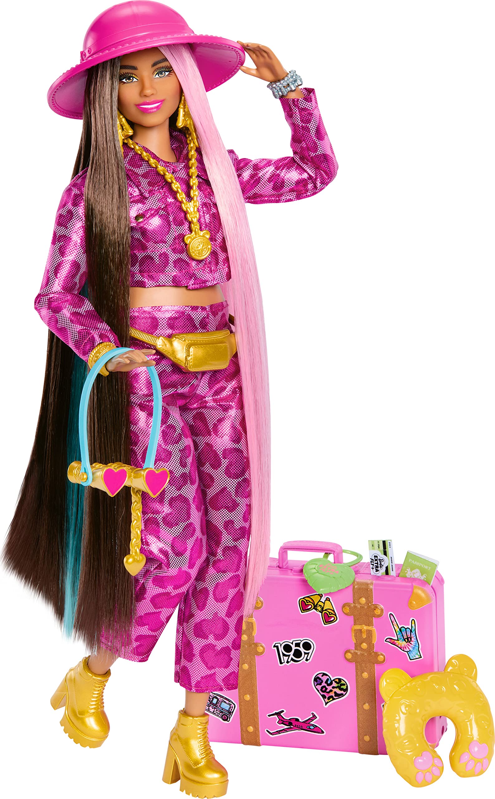 Barbie Extra Fly Travel Doll, Safari Look with Colorful Hair, Pink Camo Outfit, Golden Boots & Accessories