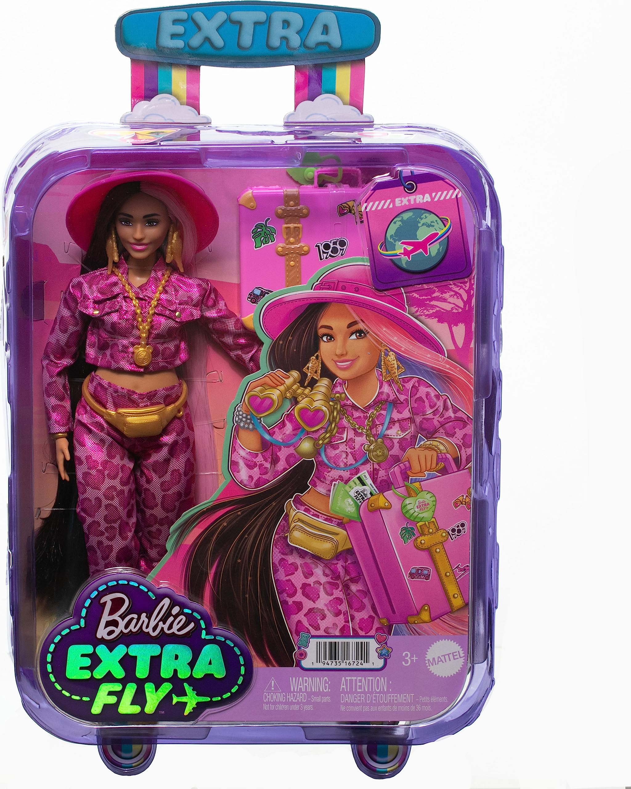 Barbie Extra Fly Travel Doll, Safari Look with Colorful Hair, Pink Camo Outfit, Golden Boots & Accessories