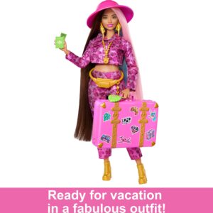 Barbie Extra Fly Travel Doll, Safari Look with Colorful Hair, Pink Camo Outfit, Golden Boots & Accessories