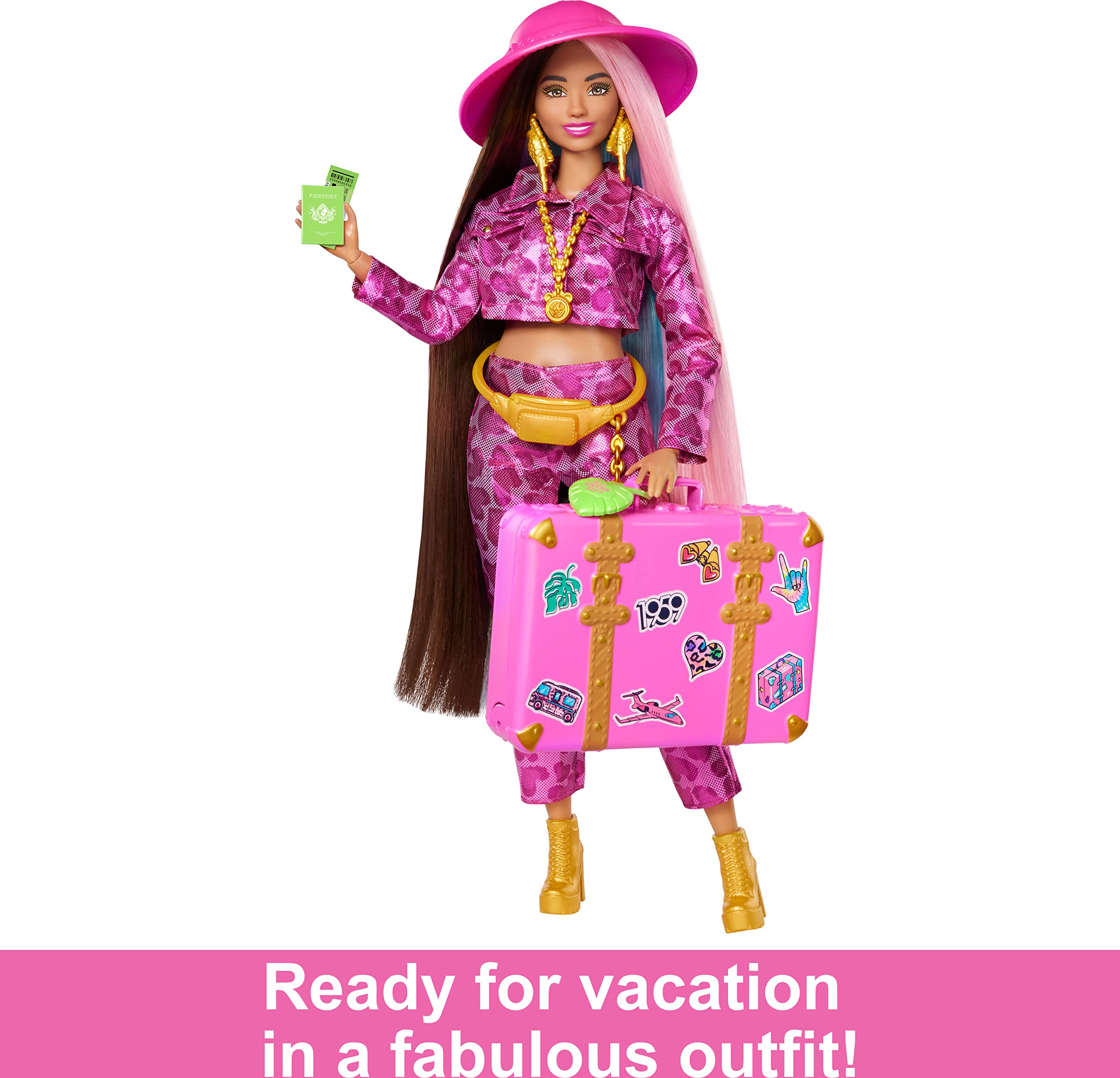 Barbie Extra Fly Travel Doll, Safari Look with Colorful Hair, Pink Camo Outfit, Golden Boots & Accessories