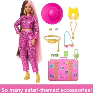 Barbie Extra Fly Travel Doll, Safari Look with Colorful Hair, Pink Camo Outfit, Golden Boots & Accessories