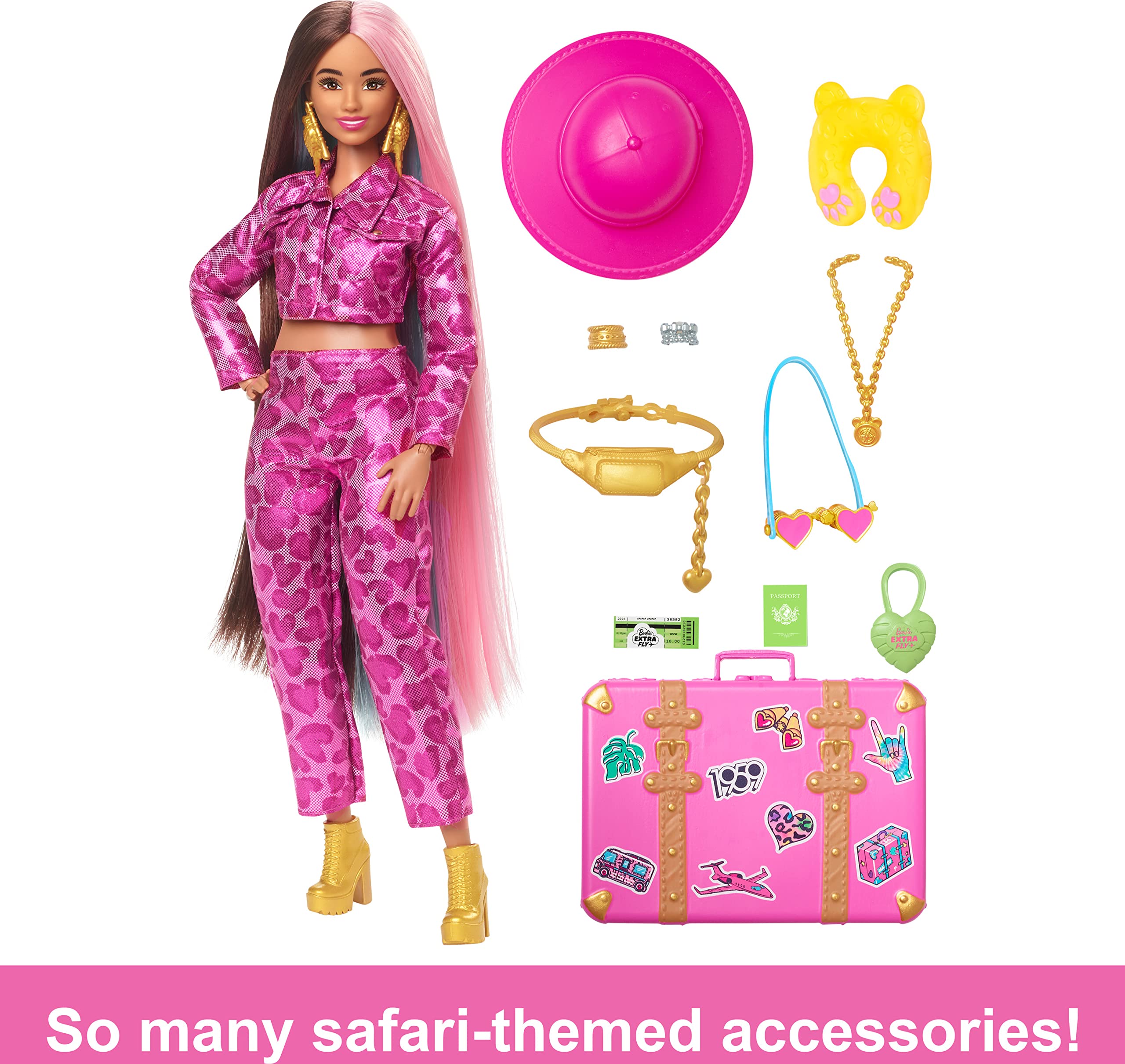 Barbie Extra Fly Travel Doll, Safari Look with Colorful Hair, Pink Camo Outfit, Golden Boots & Accessories