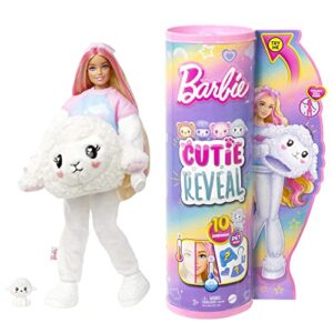 barbie cutie reveal doll with blonde hair & lamb costume, 10 suprises include accessories & mini pet (styles may vary)