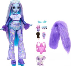 monster high doll, abbey bominable yeti with pet mammoth tundra & accessories including furry scarf & snowflake backpack