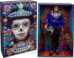 barbie signature ken fashion doll, 2023 dia de muertos collectible with blue jacket, black hat & doll stand