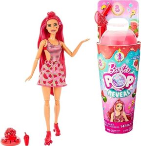 barbie pop reveal doll & accessories, watermelon crush scent with red hair, 8 surprises include slime & squishy puppy