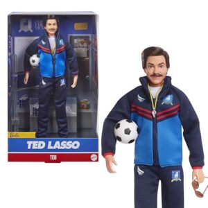 barbie signature fashion doll, ted lasso wearing blue tracksuit with afc richmond logo, collectible in displayable packaging