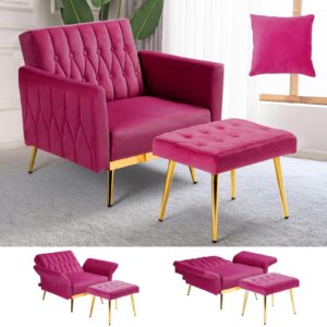 acmease velvet accent chair with adjustable armrests and backrest, button tufted lounge chair, single recliner armchair with ottoman and pillow for living room, bedroom, fuchsia