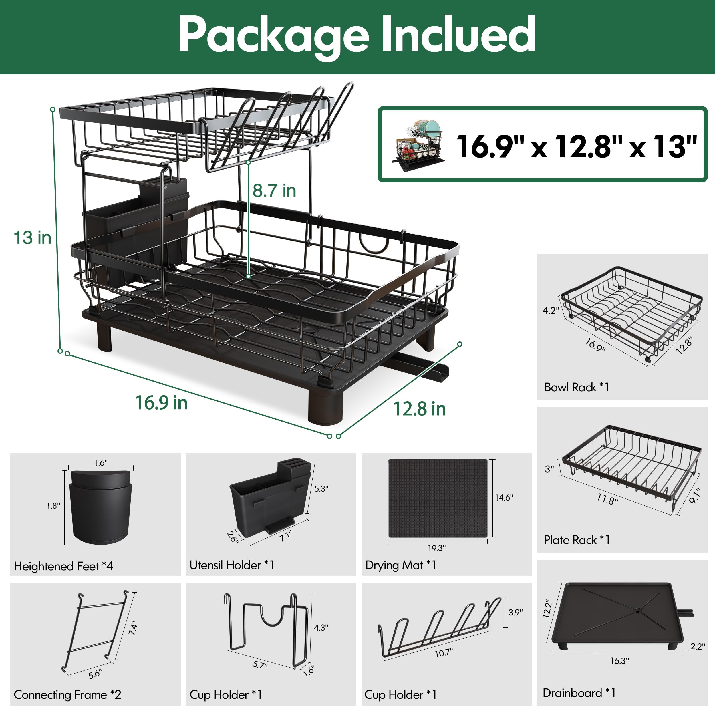 Qienrrae Dish Drying Rack for Kitchen Counter, 2 Tier Dish Racks with Drainboard Set, Detachable Large Dish Drainer with Utensils Holder, Large Dish Strainers with Extra Drying Mat, Black