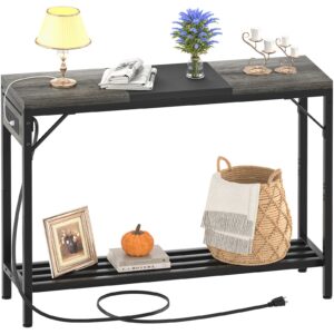 narrow console table with power strips, sofa table with storage shelves for living room, 2-tier foyer table for entryway, hallway, behind couch, kitchen counter, 39'', grey oak & black