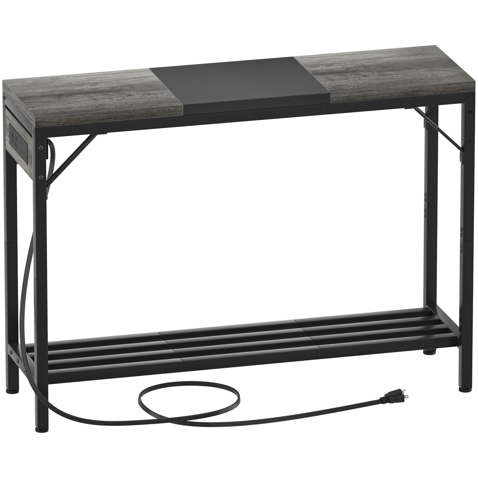 Narrow Console Table with Power Strips, Sofa Table with Storage Shelves for Living Room, 2-Tier Foyer Table for Entryway, Hallway, Behind Couch, Kitchen Counter, 39'', Grey Oak & Black