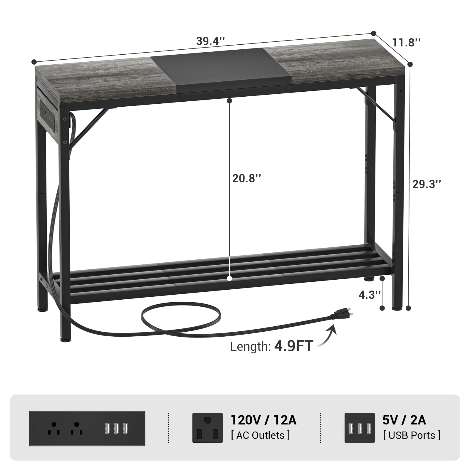 Narrow Console Table with Power Strips, Sofa Table with Storage Shelves for Living Room, 2-Tier Foyer Table for Entryway, Hallway, Behind Couch, Kitchen Counter, 39'', Grey Oak & Black