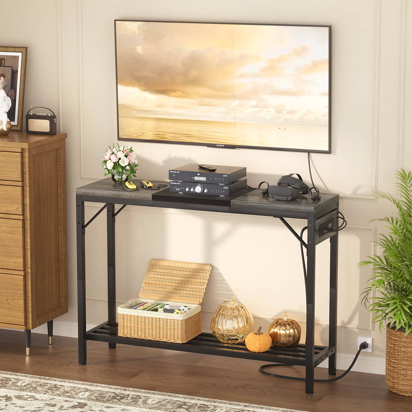 Narrow Console Table with Power Strips, Sofa Table with Storage Shelves for Living Room, 2-Tier Foyer Table for Entryway, Hallway, Behind Couch, Kitchen Counter, 39'', Grey Oak & Black