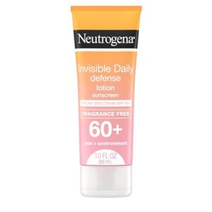 neutrogena invisible daily defense fragrance-free sunscreen lotion, broad spectrum spf 60+, oxybenzone-free & water-resistant, sun & environmental aggressor protection, 3.0 fl. oz