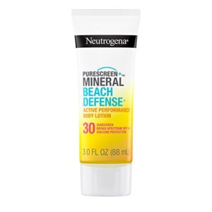 neutrogena purescreen+ mineral beach defense active performance body lotion sunscreen with broad spectrum spf 30, quick drying and water-resistant 80 minutes uva/uvb protection, 3.0 fl. oz