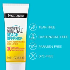 Neutrogena Purescreen+ Mineral Beach Defense Active Performance Body Lotion Sunscreen with Broad Spectrum SPF 30, Quick Drying and Water-Resistant 80 Minutes UVA/UVB Protection, 3.0 fl. oz