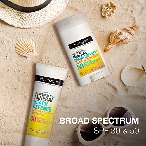 Neutrogena Purescreen+ Mineral Beach Defense Active Performance Body Lotion Sunscreen with Broad Spectrum SPF 30, Quick Drying and Water-Resistant 80 Minutes UVA/UVB Protection, 3.0 fl. oz