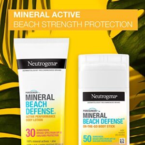 Neutrogena Purescreen+ Mineral Beach Defense Active Performance Body Lotion Sunscreen with Broad Spectrum SPF 30, Quick Drying and Water-Resistant 80 Minutes UVA/UVB Protection, 3.0 fl. oz