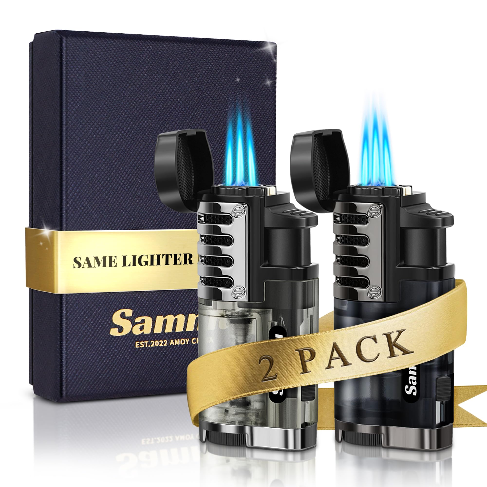 SAMNIU Pack of 2 Torch Lighter, Triple Jet Flames, Visible Gas Tank, Windproof Butane Refill Pocket Lighters for Candle, Men’s Gift (Gas not Included)