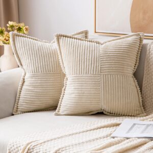 miulee corduroy pillow covers with splicing set of 2 super soft boho striped pillow covers broadside decorative textured throw pillows for spring couch cushion livingroom 18x18 inch, beige