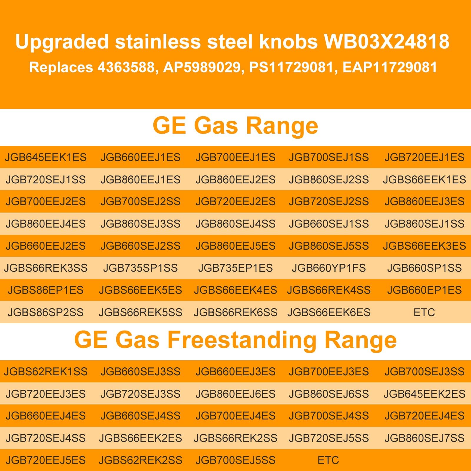 WB03X24818 Stainless Steel Knobs - Compatible with GE Stove Knob Replacements - Gas Range Burner Control Knob Replace 4363588, AP5989029, PS11729081, EAP11729081 (Pack of 5,Not Universal)