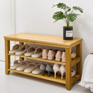 aroktake shoe rack bench, 2-tier wood heavy duty shoe organizer shelf for entryway, living room,bedroom (natural, 11.81"x31.5"x16.54")