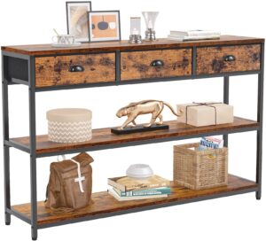 furologee long 47" console sofa table with 3 drawers, entryway table with 3-tier storage shelves, industrial display shelf for entry way, hallway, couch, living room, kitchen, foyer, rustic brown