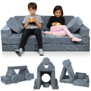 lunix lx15 14pcs modular kids play couch, child sectional sofa, fortplay bedroom and playroom furniture for toddlers, convertible foam and floor cushion for boys and girls, gray