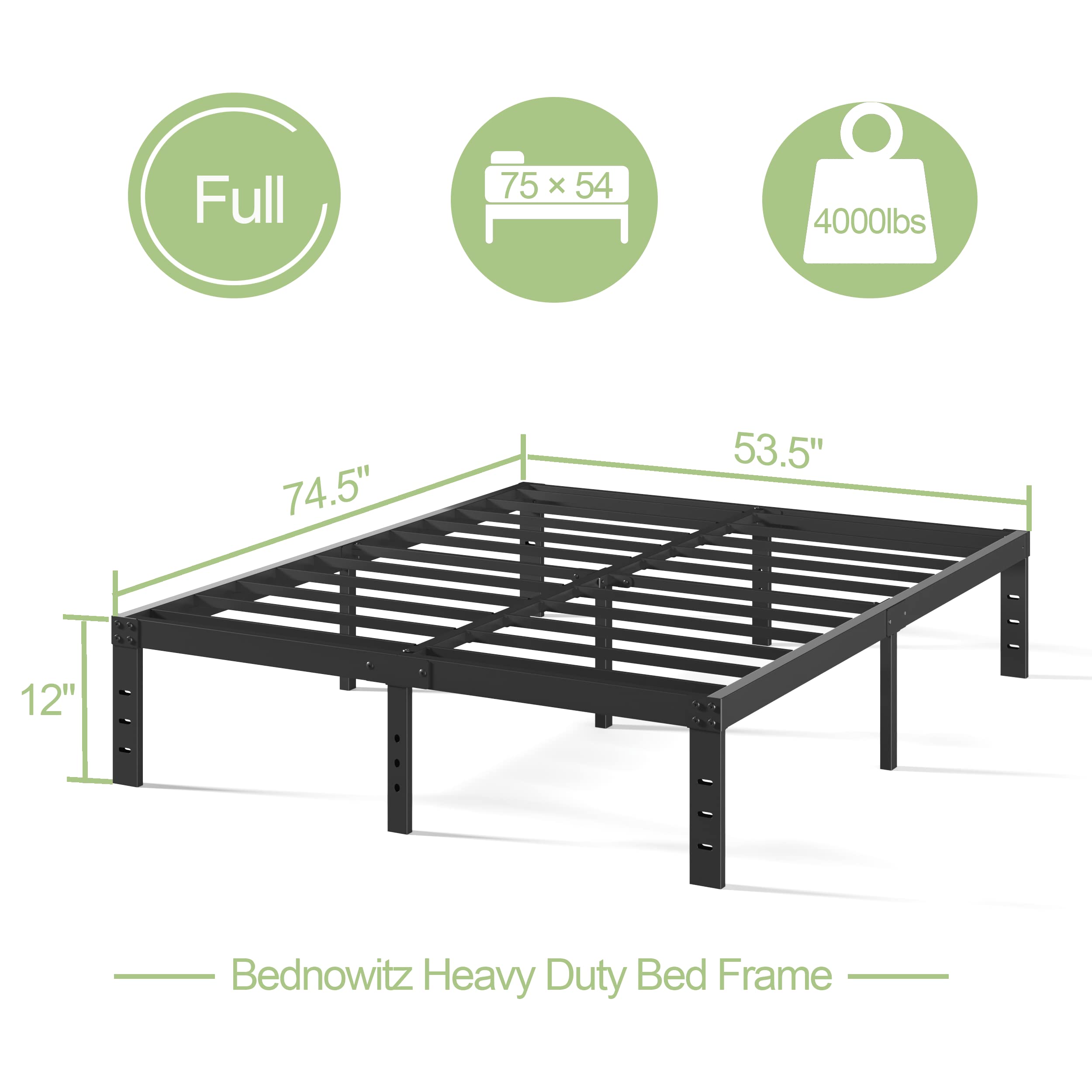 Bednowitz Full Size Metal Platform Bed Frame, 12 Inch Full-Bed-Frame with Heavy Duty Steel Slats, Noise Free Mattress Foundation No Box Spring Needed, Easy Assembly, Black