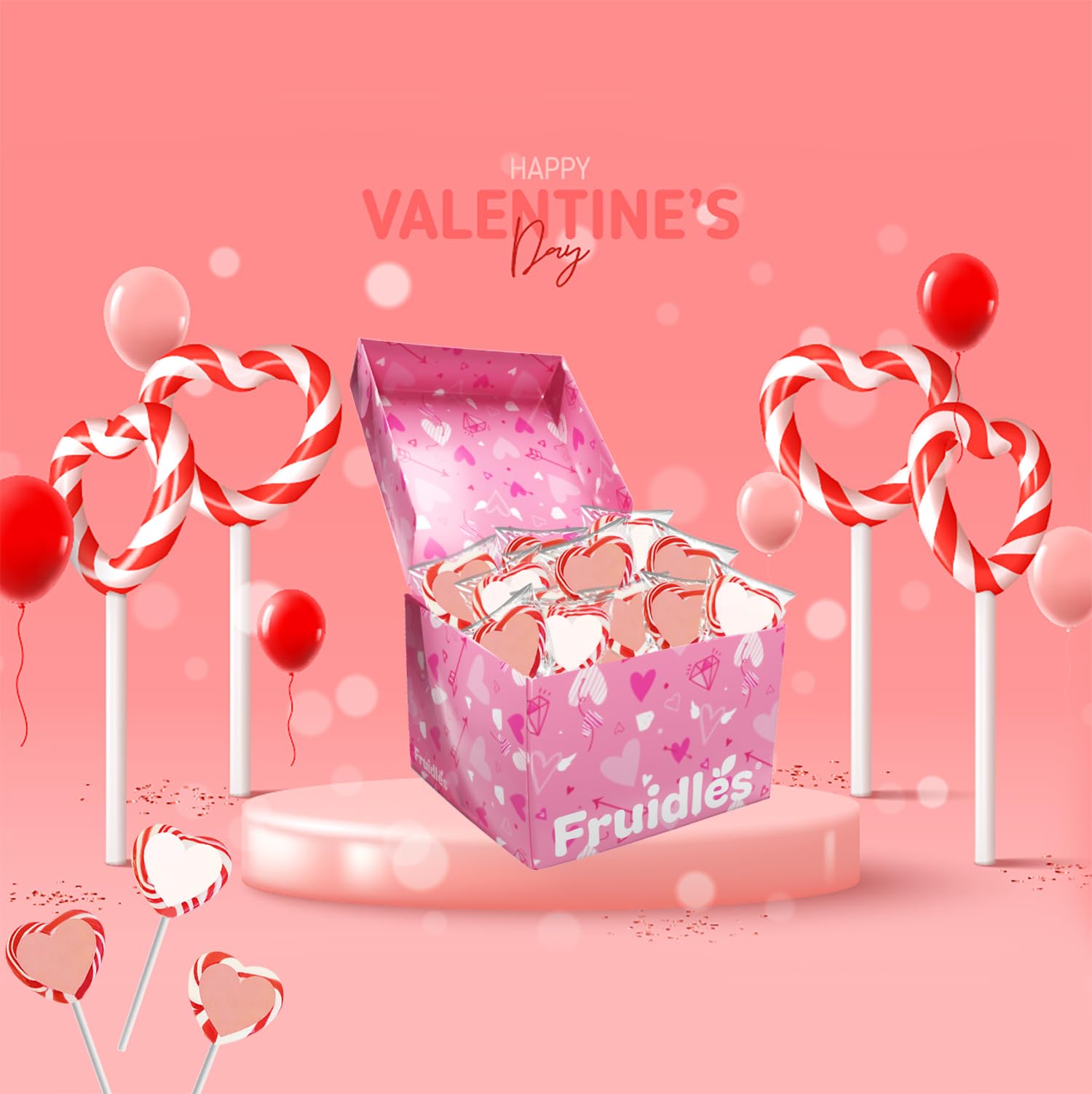 Fruidles Valentine's Day Red and White Swirl Heart Lollipop Candy Sucker Assorted, Individually Wrapped (24-Pack)