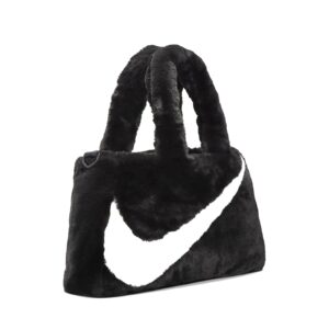 nike sportswear faux fur tote bag purse (10l) (black/sail)