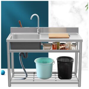 commercial restaurant sink utility sink stainless steel free-standing kitchen sink set single bowl w/ faucet & drainboard for laundry garage camping 120x50x80cm/47.2x19.7x31.5in left