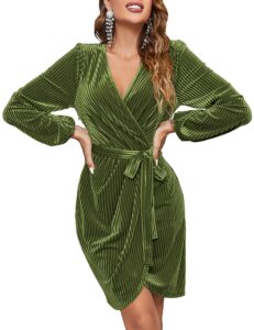 merokeety women's 2024 long sleeve wrap velvet mini dress sexy v neck cocktail party club dress, olive, m