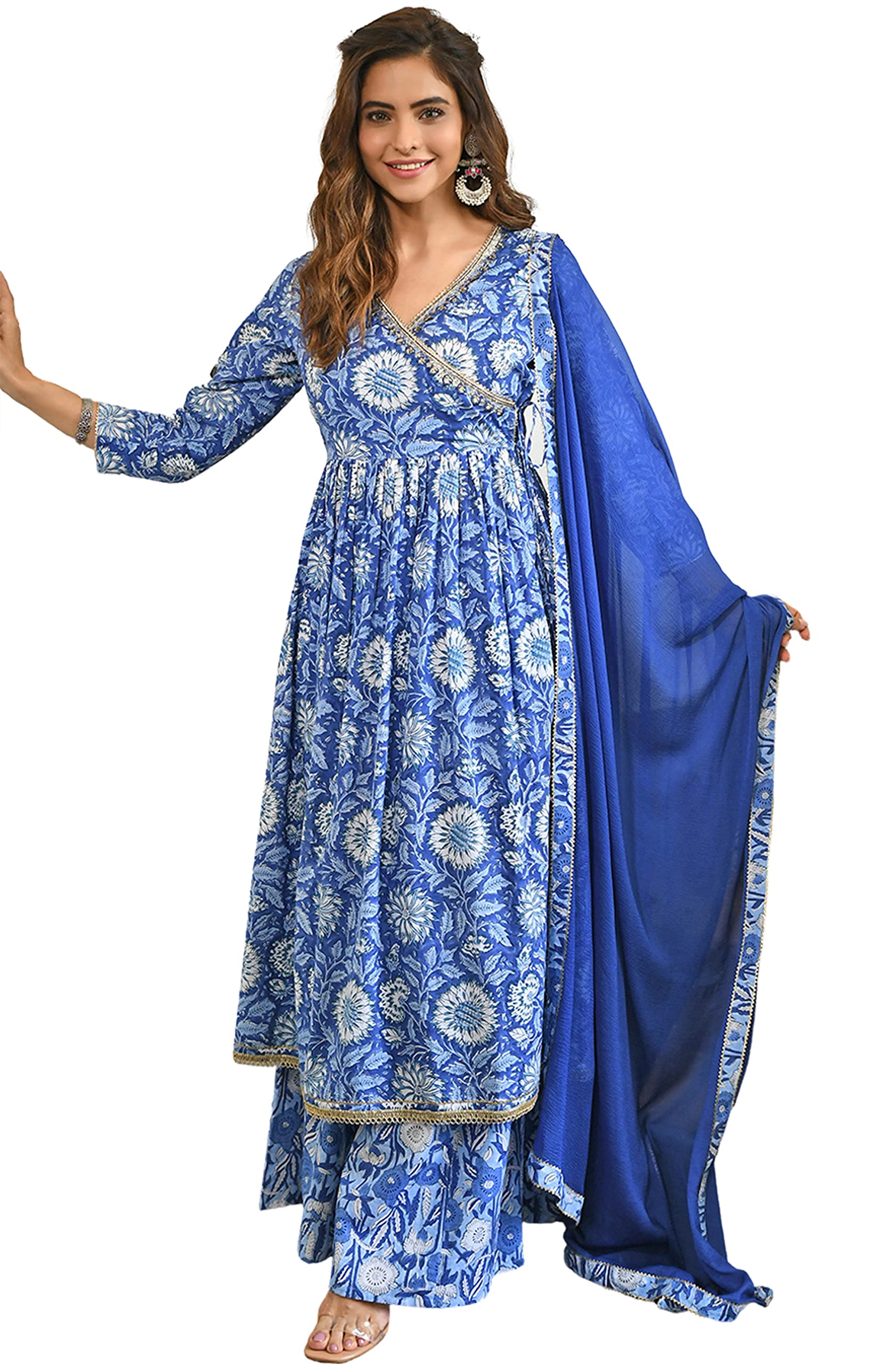 Janasya Indian Women's Blue Floral Block Printed Angrakha Kurta with Flared Palazzo and Dupatta